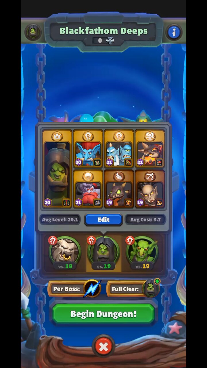 Warcraft Rumble - Blackfathom Deeps - Grommash Hellscream - Level 19 to 20 - Horde - July 2024