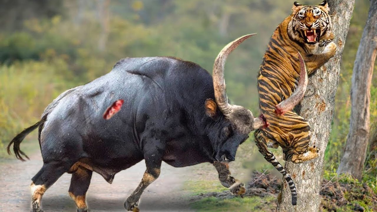 TIGER IS IN DANGER! GIANT INDIAN GAUR TORTURES TIGER TO THE POINT OF ...