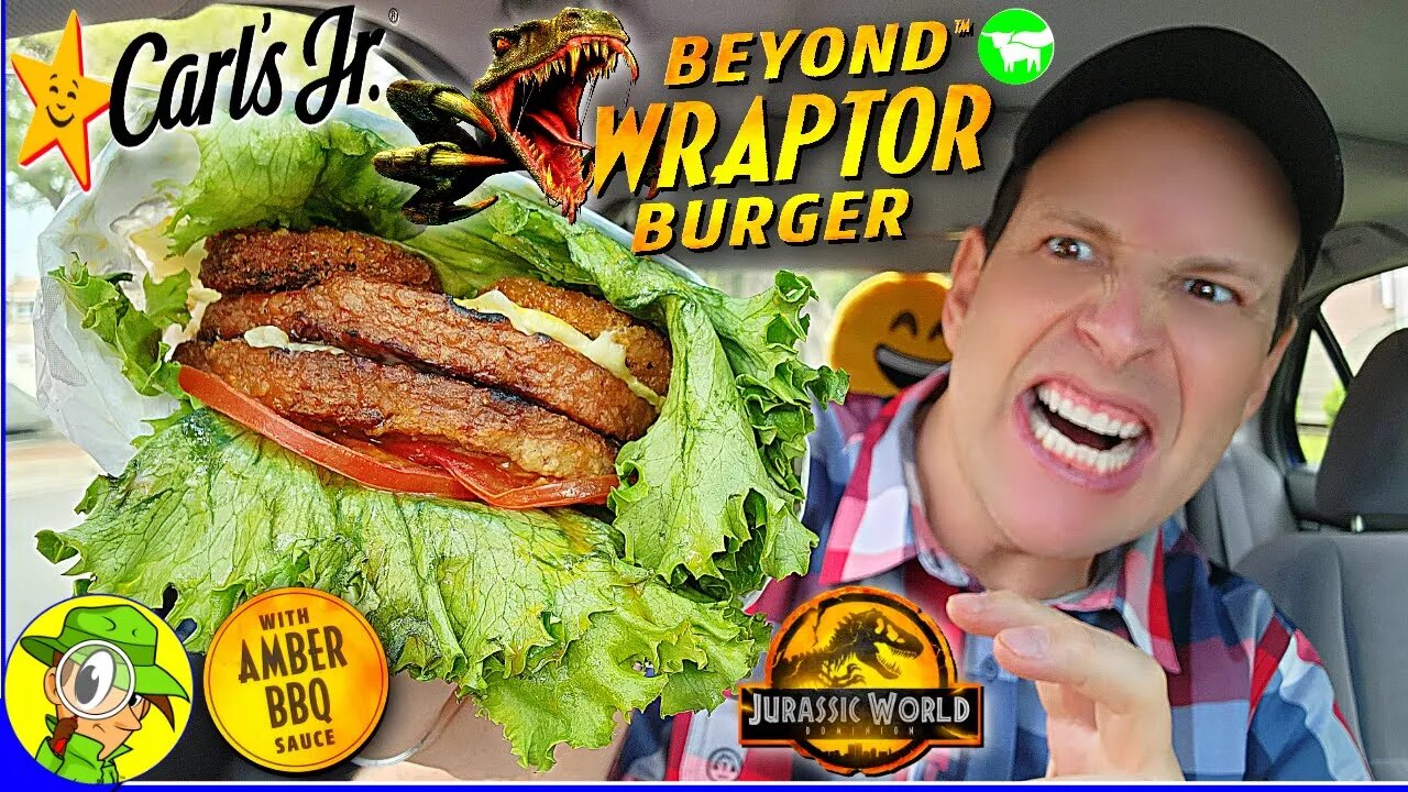 Carl's Jr.® ⭐ BEYOND™ WRAPTOR BURGER Review 🌱🦎🥬🍔 Jurassic World ...