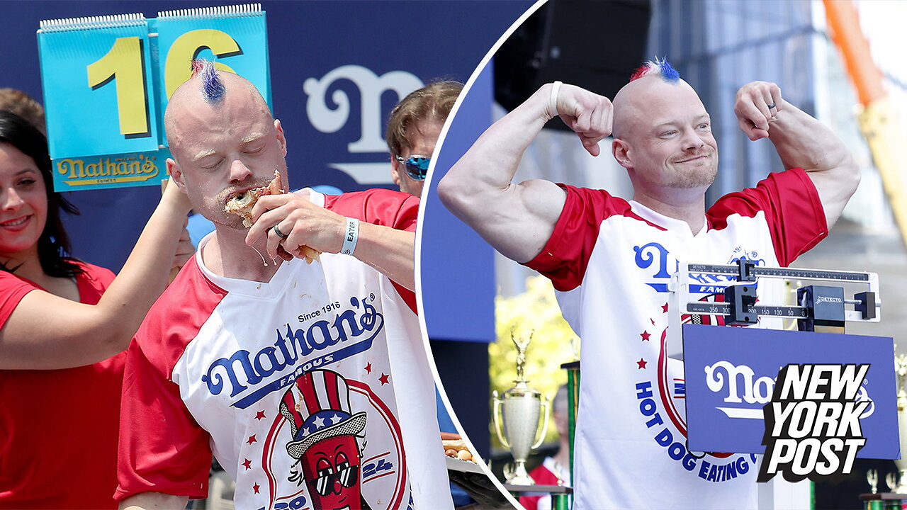 Nick Wehry, husband of Nathan's hot dog eating champ Miki Sudo, buckles ...