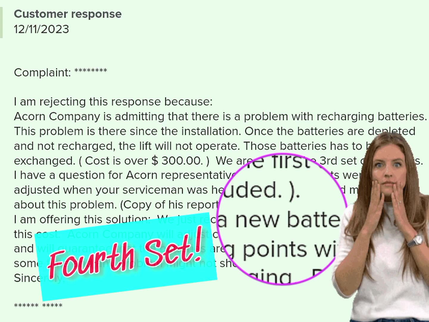 Imo Acorn Stairlifts Inc. is swapping batteries but charging customer with new prices. Stinks badly.