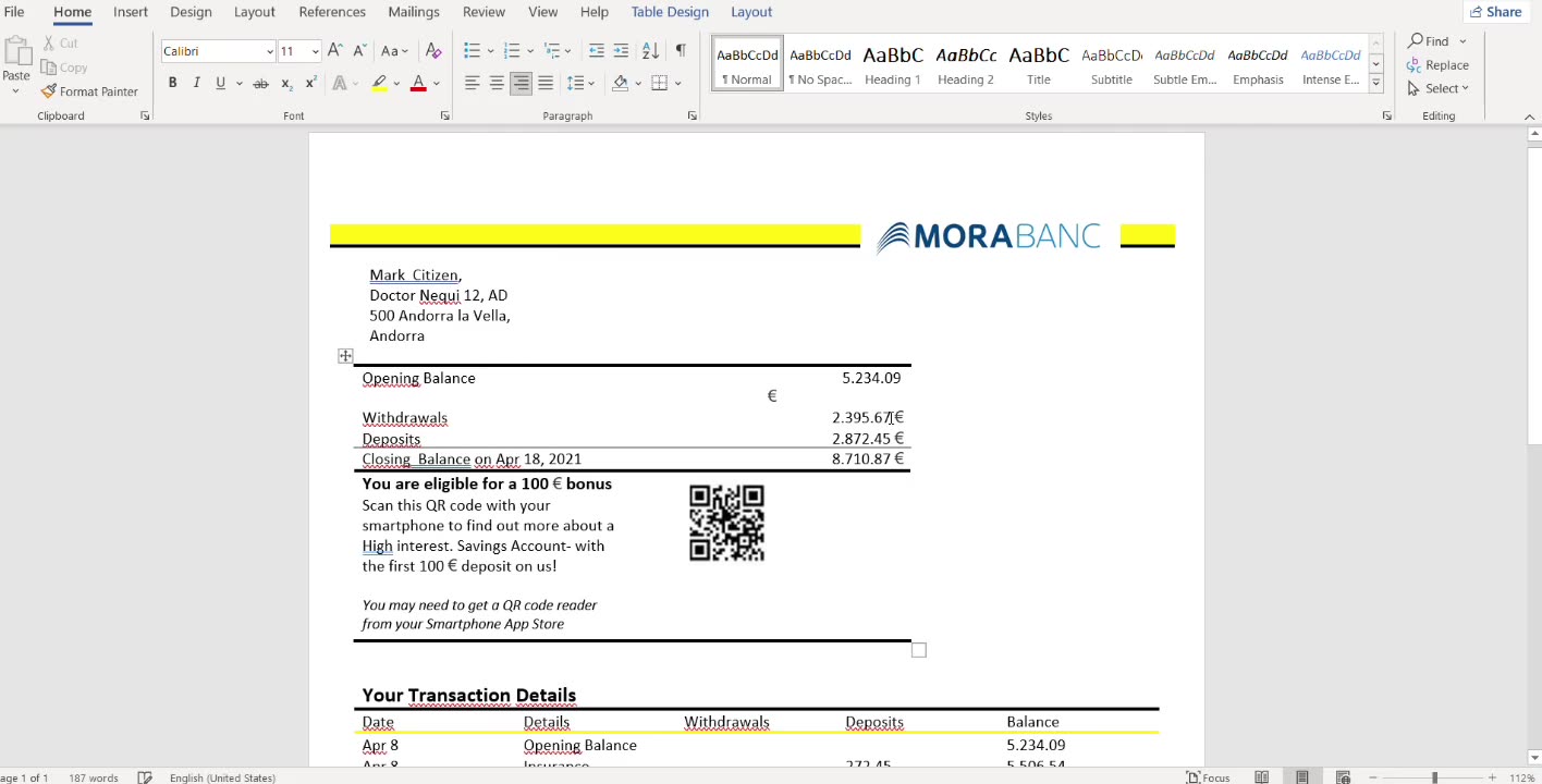 Andorra MoraBank banking statement template in Word Excel and PDF format