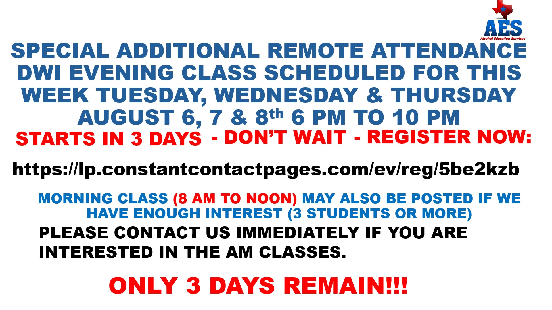 SPECIAL ADDITIONAL REMOTE ATTENDANCE DWI EVENING CLASS
