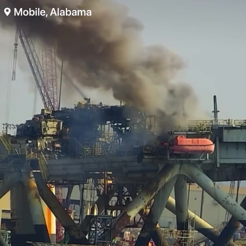 Large fire breaks out at a multi-story oil rig with hazardous materials ...