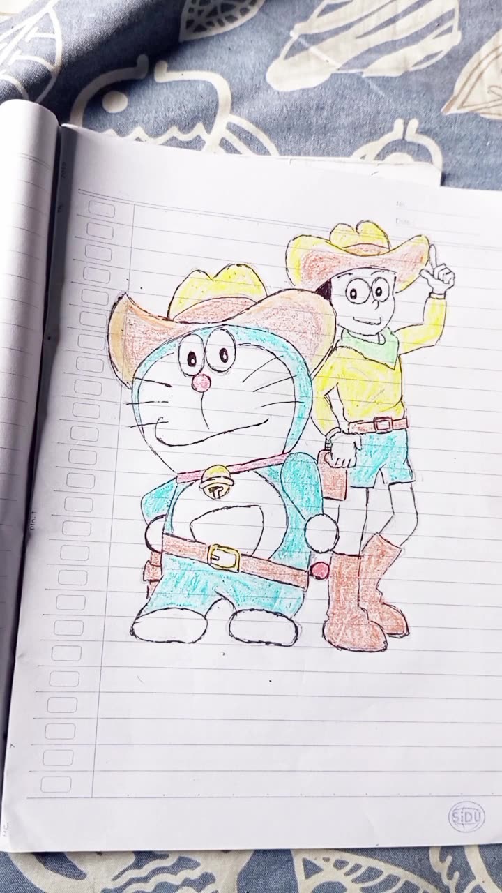 Drawing of Doraemon and nobita wearing cowboy hats