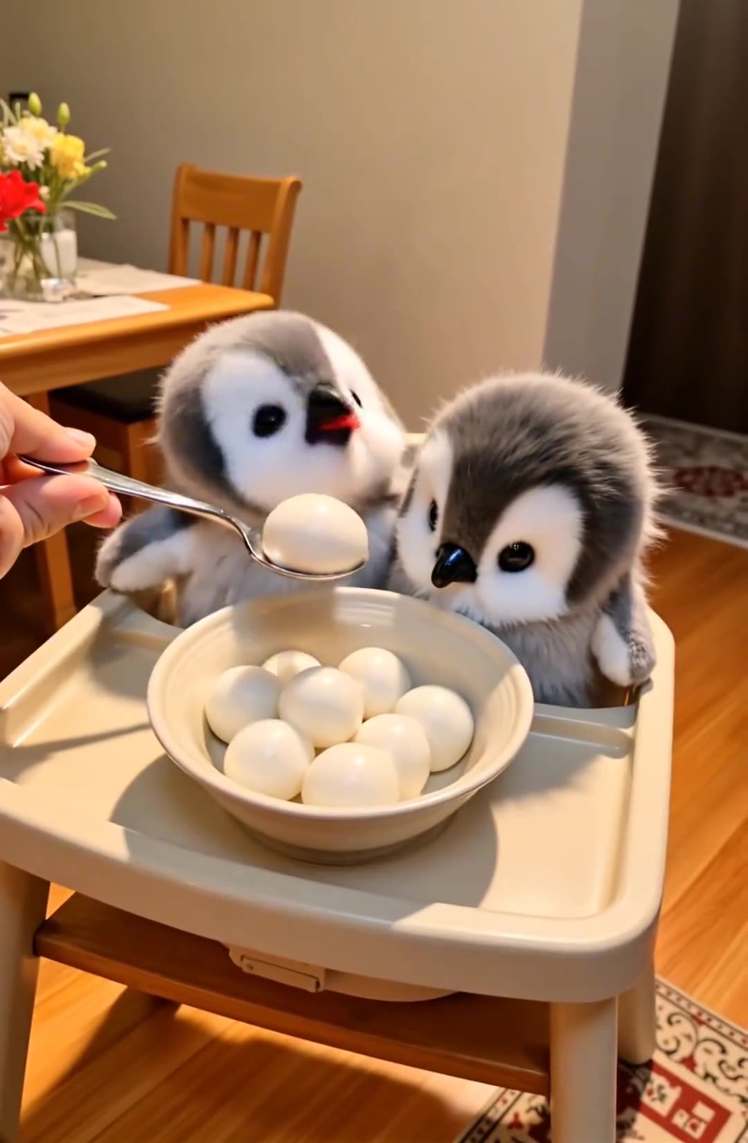 "Penguin baby; Two little gluttons who can't wait."