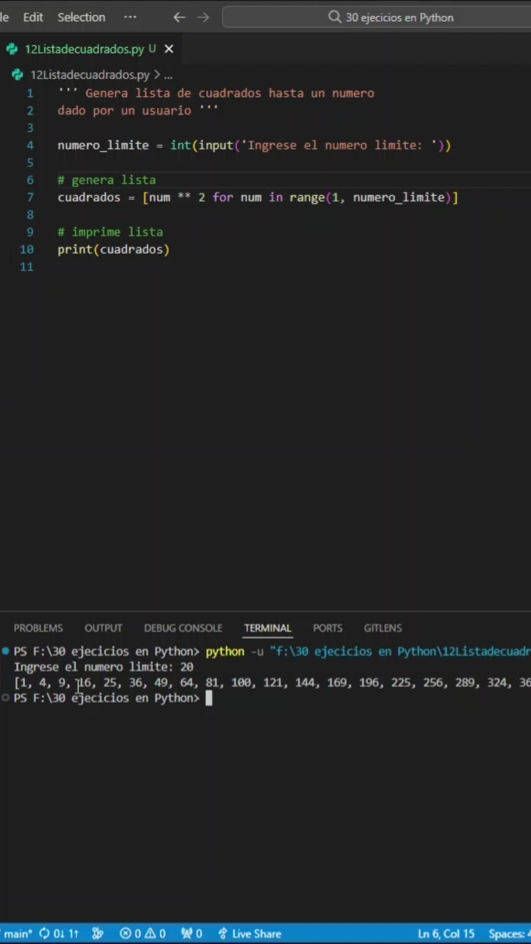 Ejercicios en python Lista de cuadrados