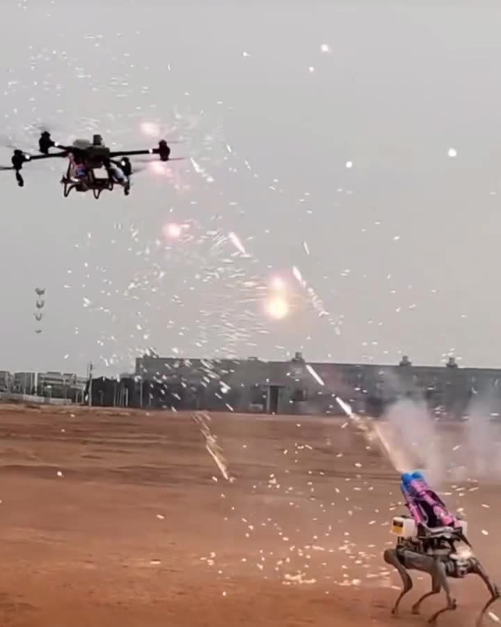 Chinese robot dog vs drone firework fight