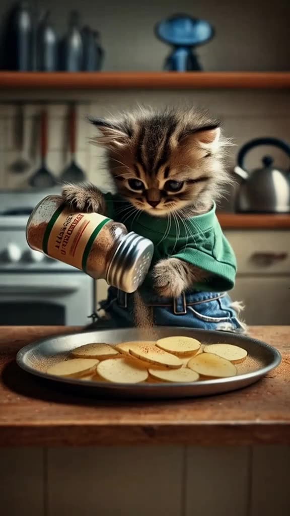 kitten making his favorite potato