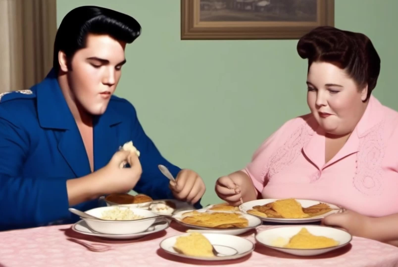 ELVIS AND GLADYS EATING BREAKFAST