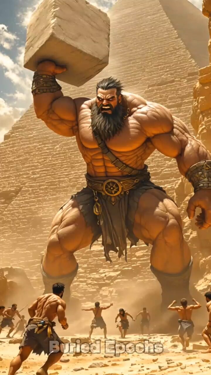 Mythical giants and humans constructing the great pyramid