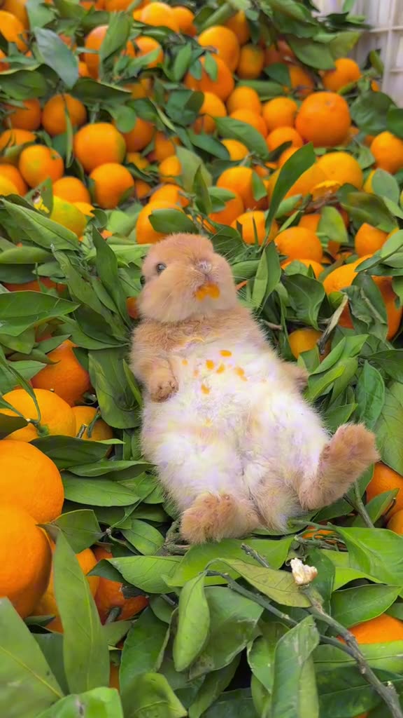 Cute rabbit enjoying eating oranges