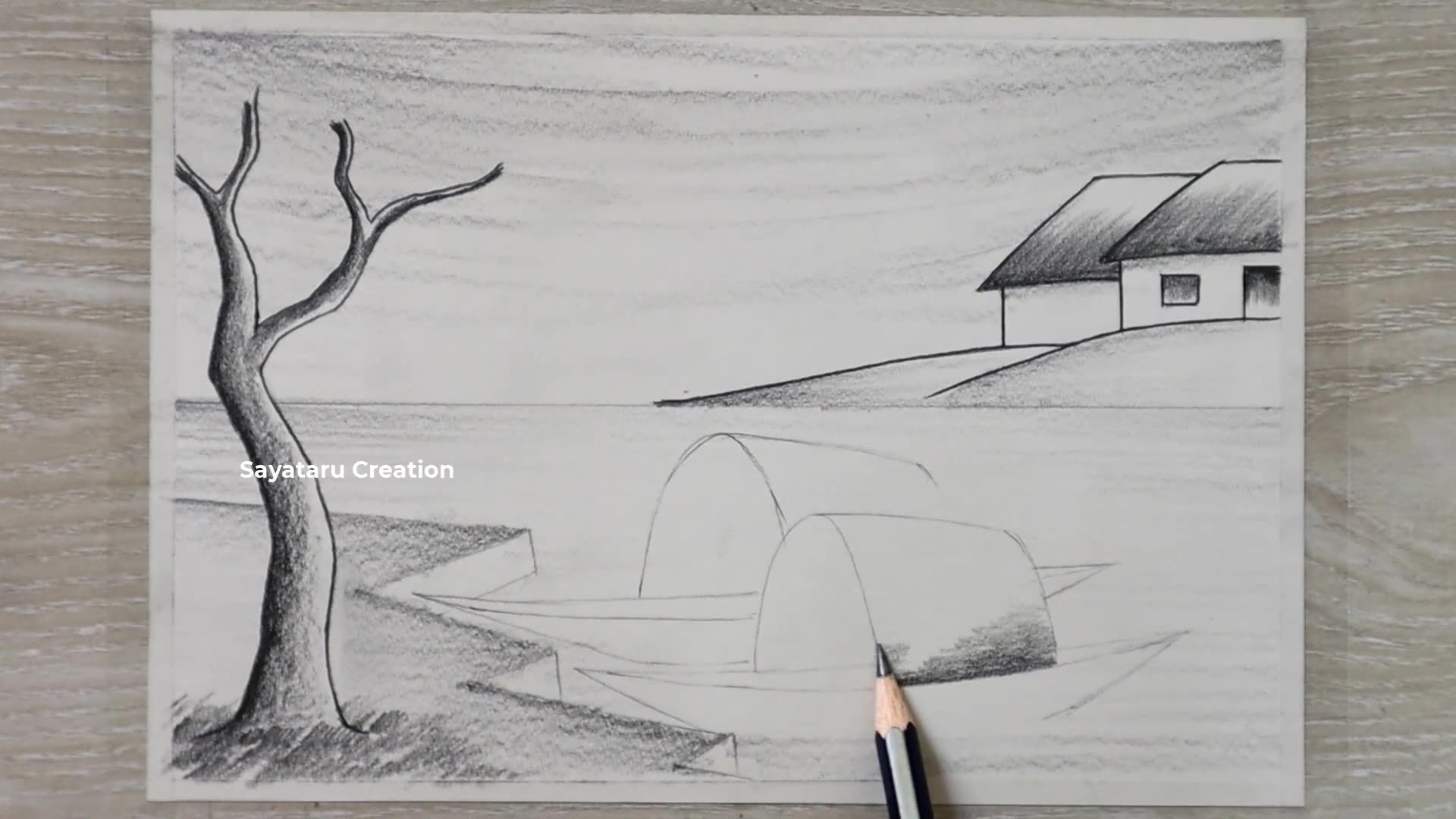 Riverside Village Scenery Drawing with Pencil, Easy Pencil Drawing for ...