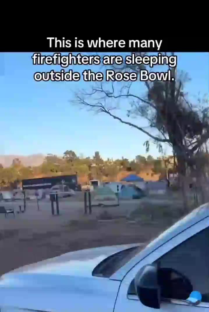 Fire base camp at the Rose Bowl where many firefighters and first ...