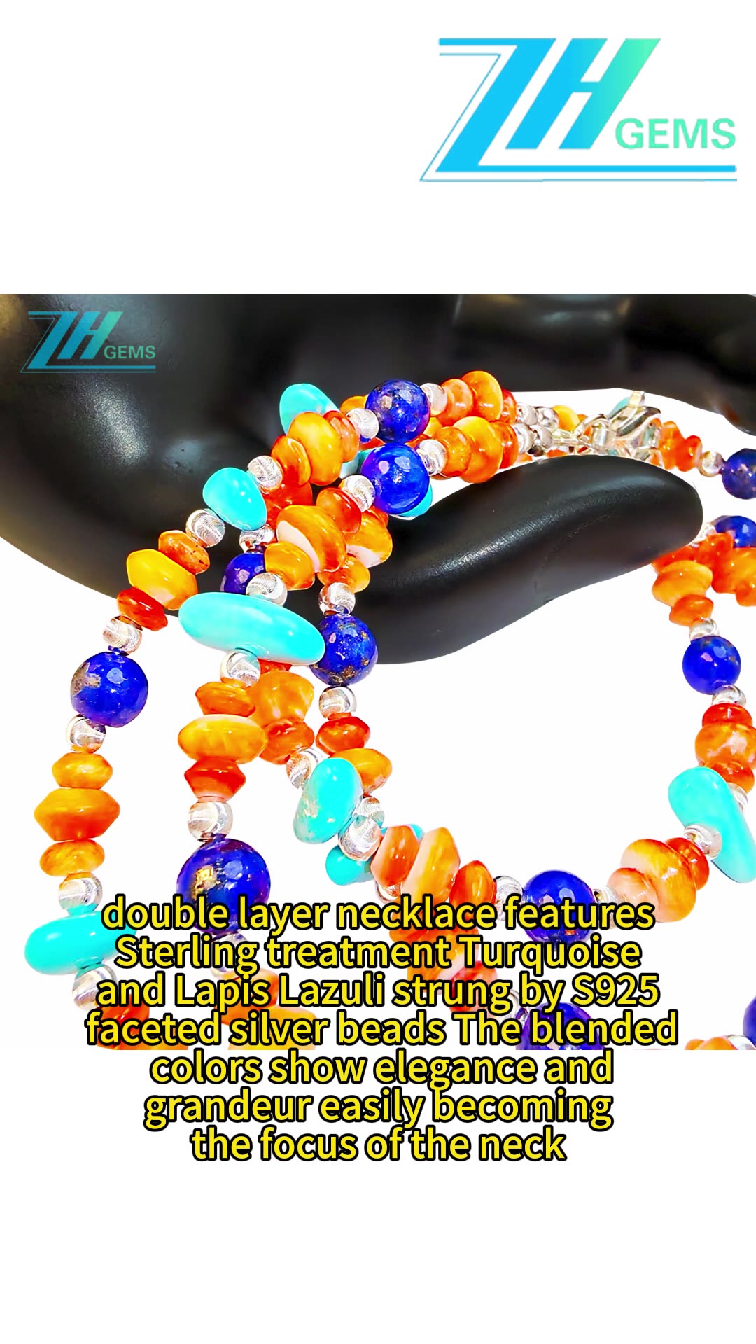 GN-20250310-01 double layer necklace features Sterling treatment Turquoise