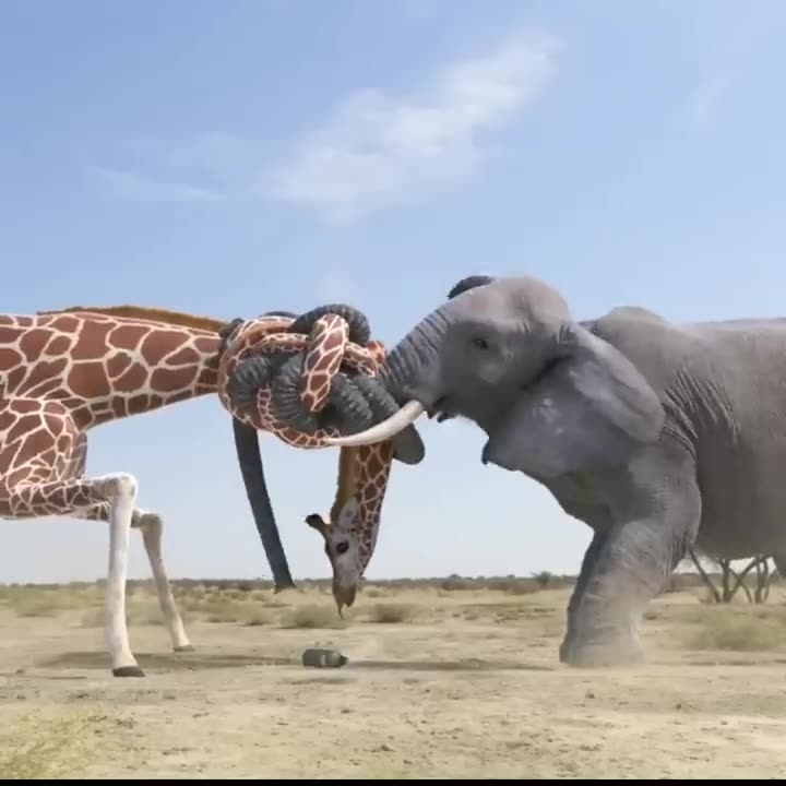Giraffe vs Elephant fight for water