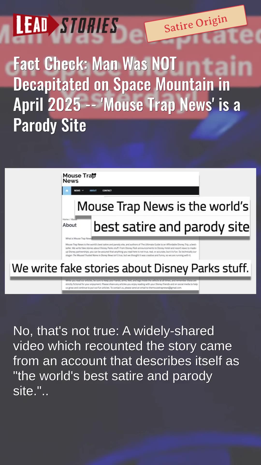 Fact Check: Man NOT Decapitated on Space Mountain in April 2025 -- 'Mouse Trap News' Parody Site