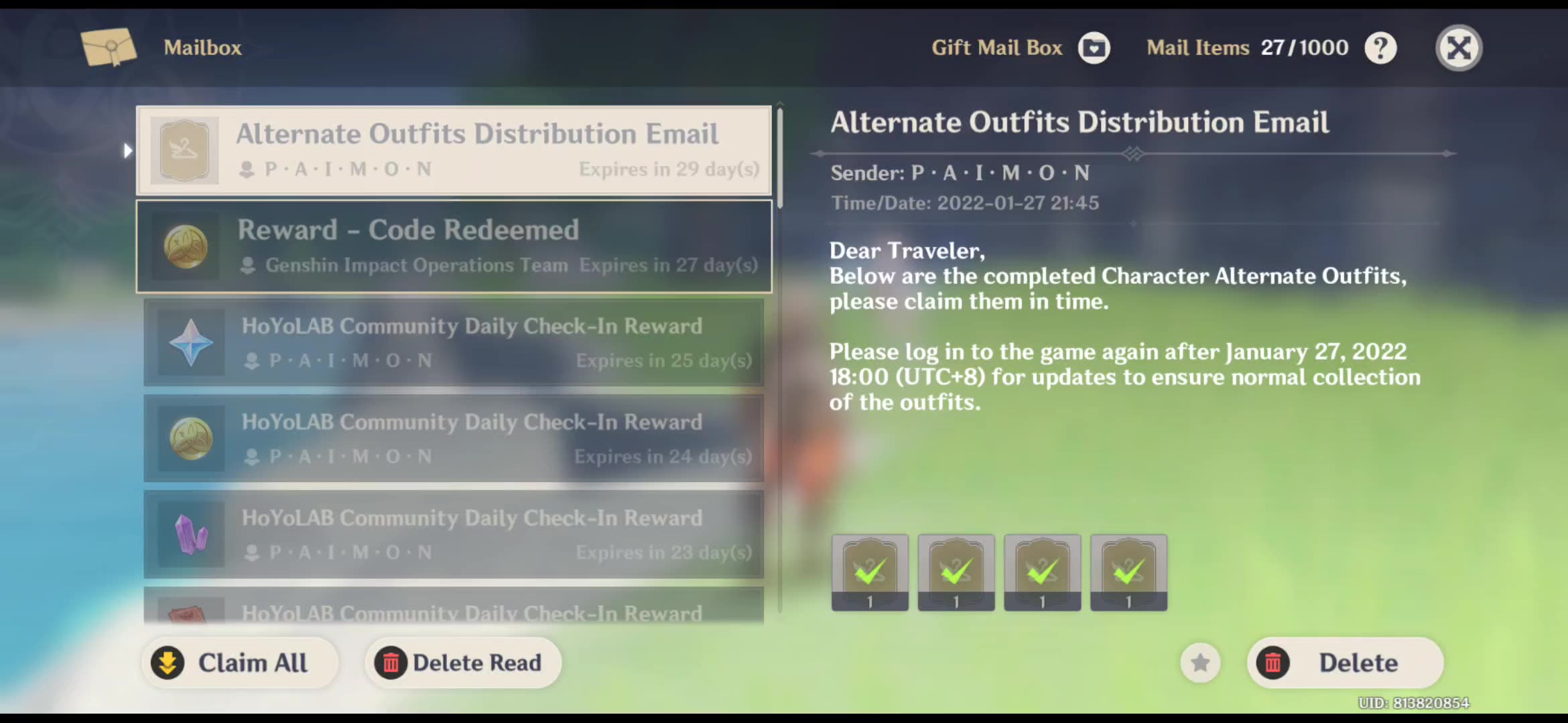 Alternate outfits distribution email - Genshin impact - Version 2.5