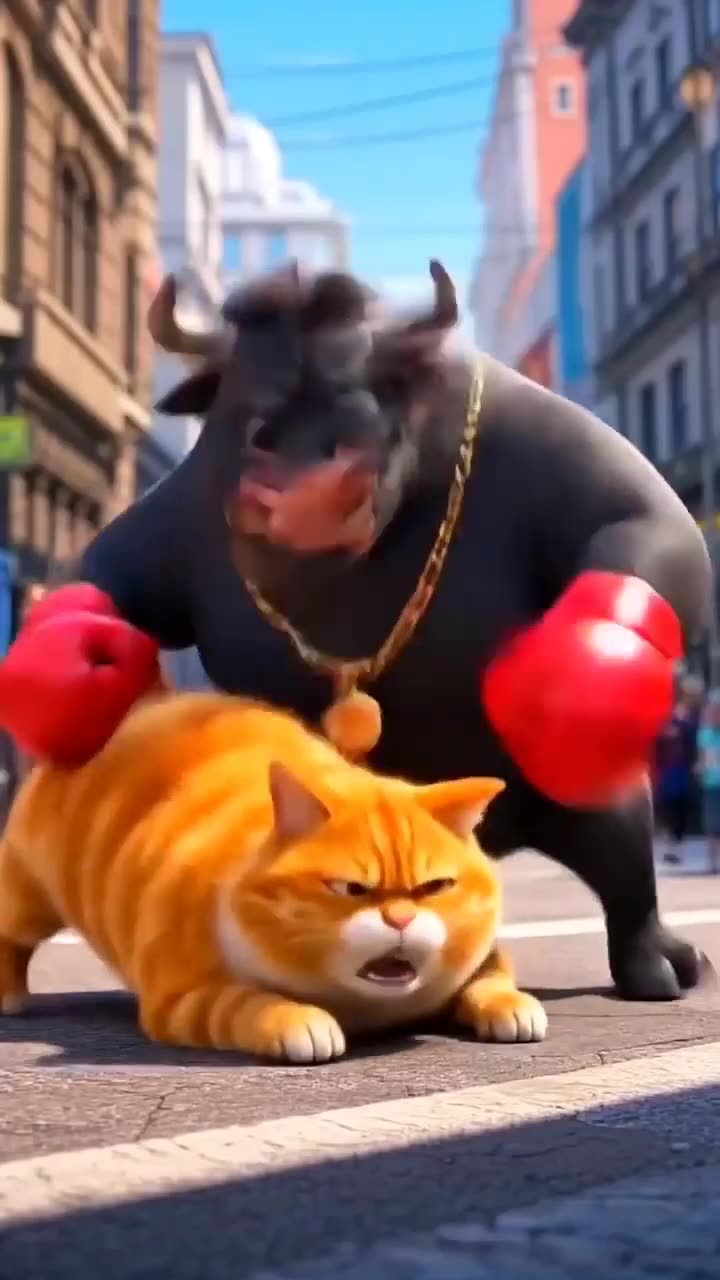 Bull and cat funny video