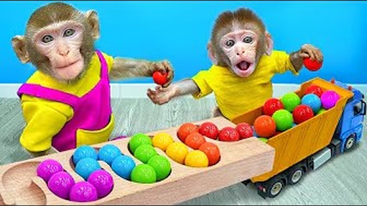 KiKi Monkey playing Marble Run Race and Lego Building Blocks with ...