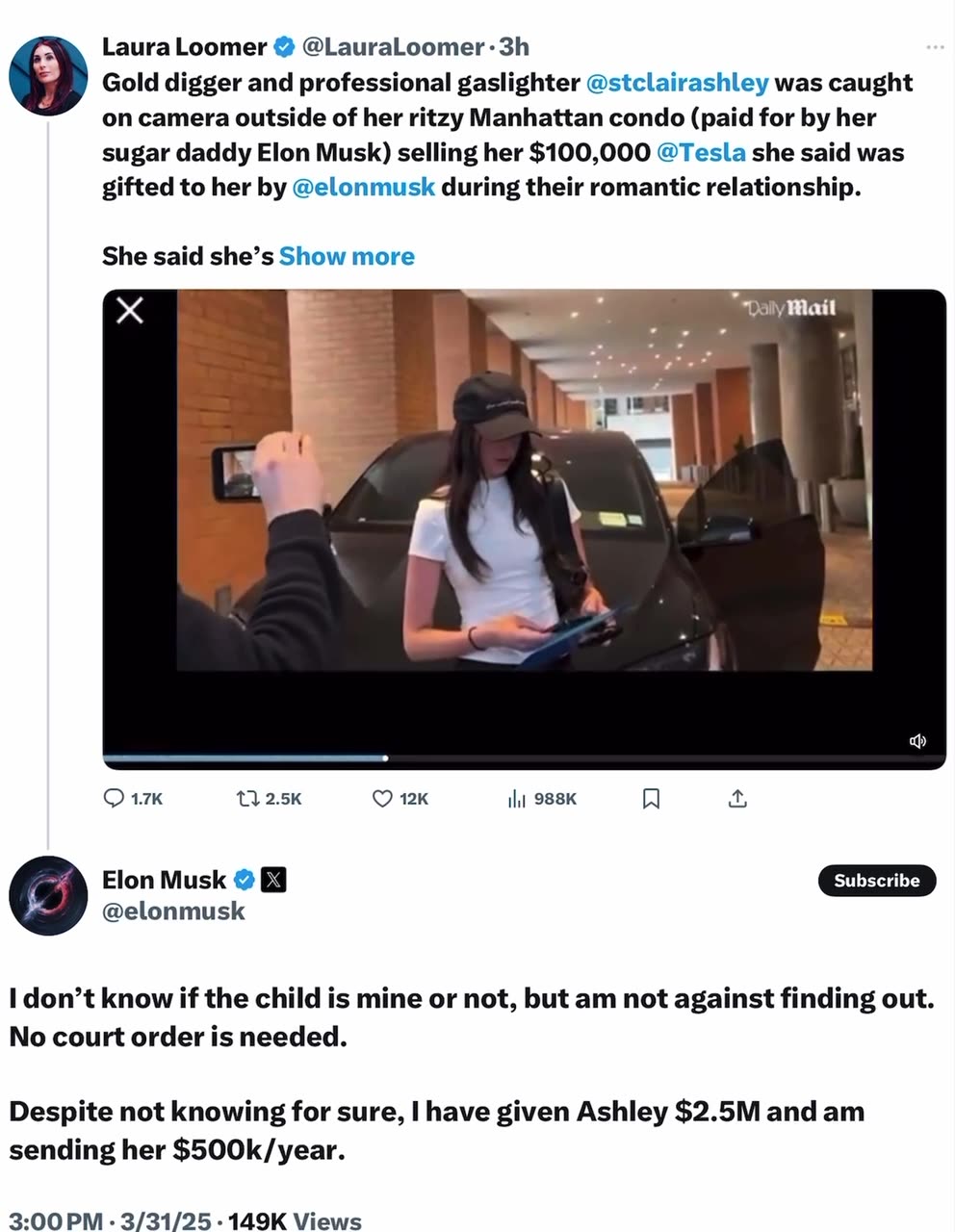 Elon responds to Ashley St Clair selling her Tesla