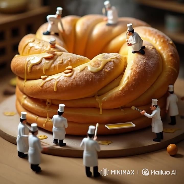Giant Danish Pastry Crafted by Tiny Chefs – A Magical Baking Scene