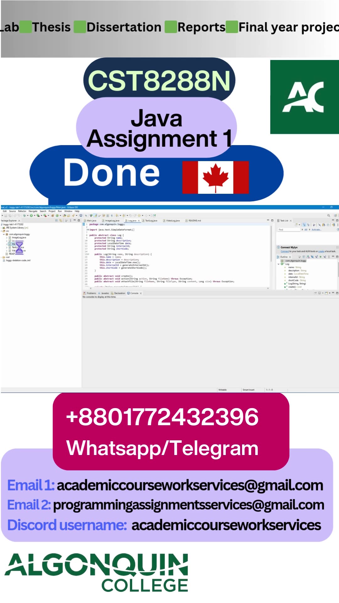 Student Work(Java)| 24F_CST8288N_800 OOP with Design Patterns Assignment 1 Output Video | Algonquin