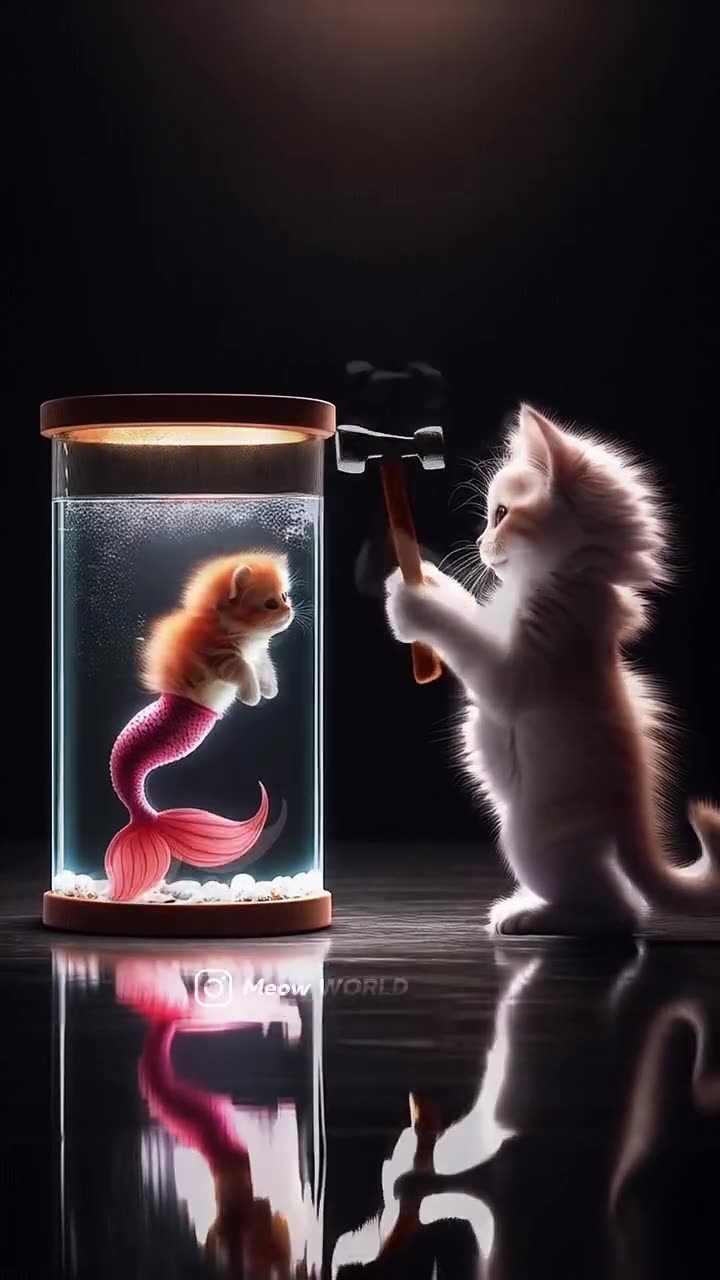 A kitten rescuing a mermaid trapping an aquarium