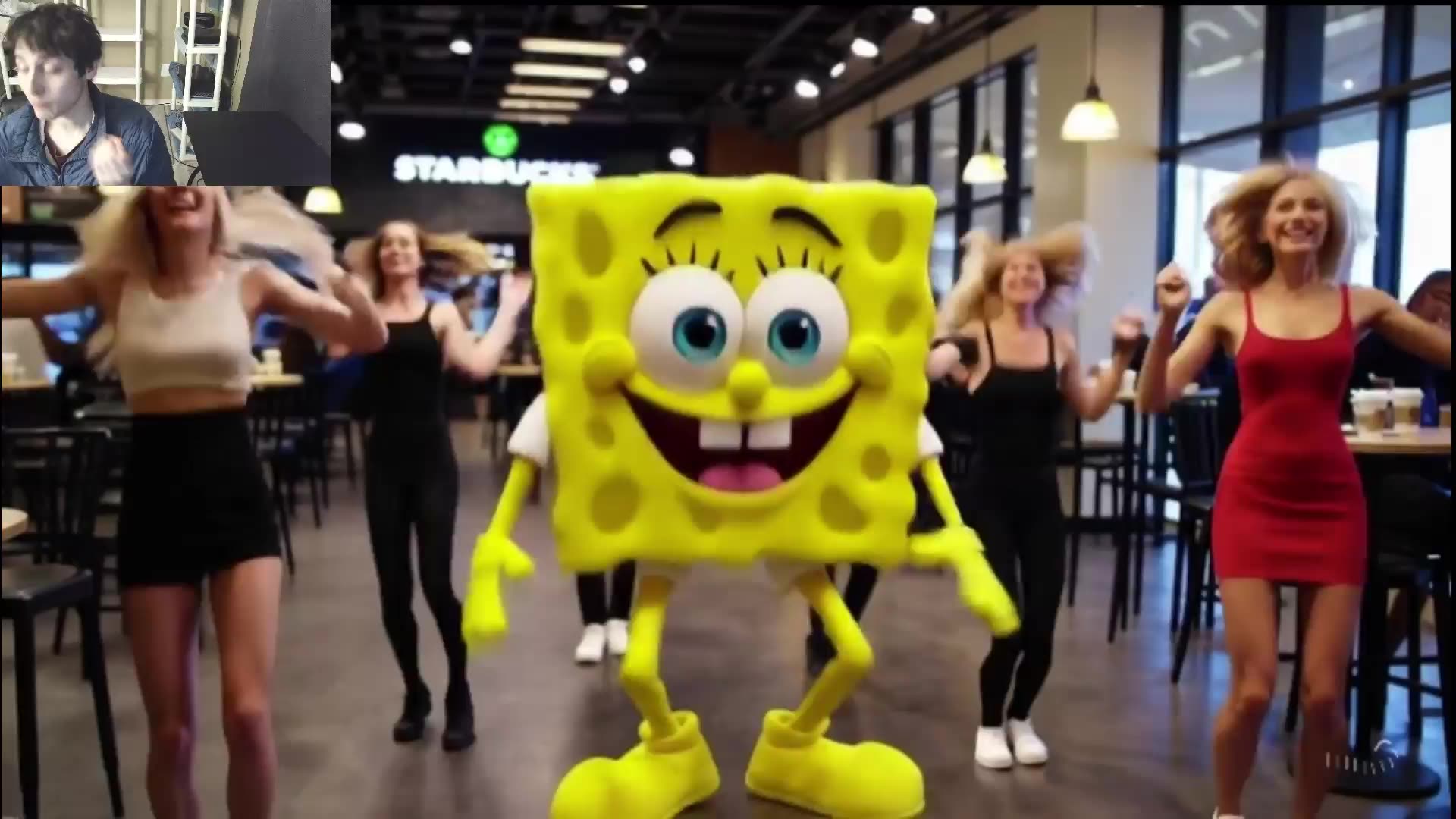 SpongeBob SquarePants Dancing With Women At A Starbucks Store Fake ...
