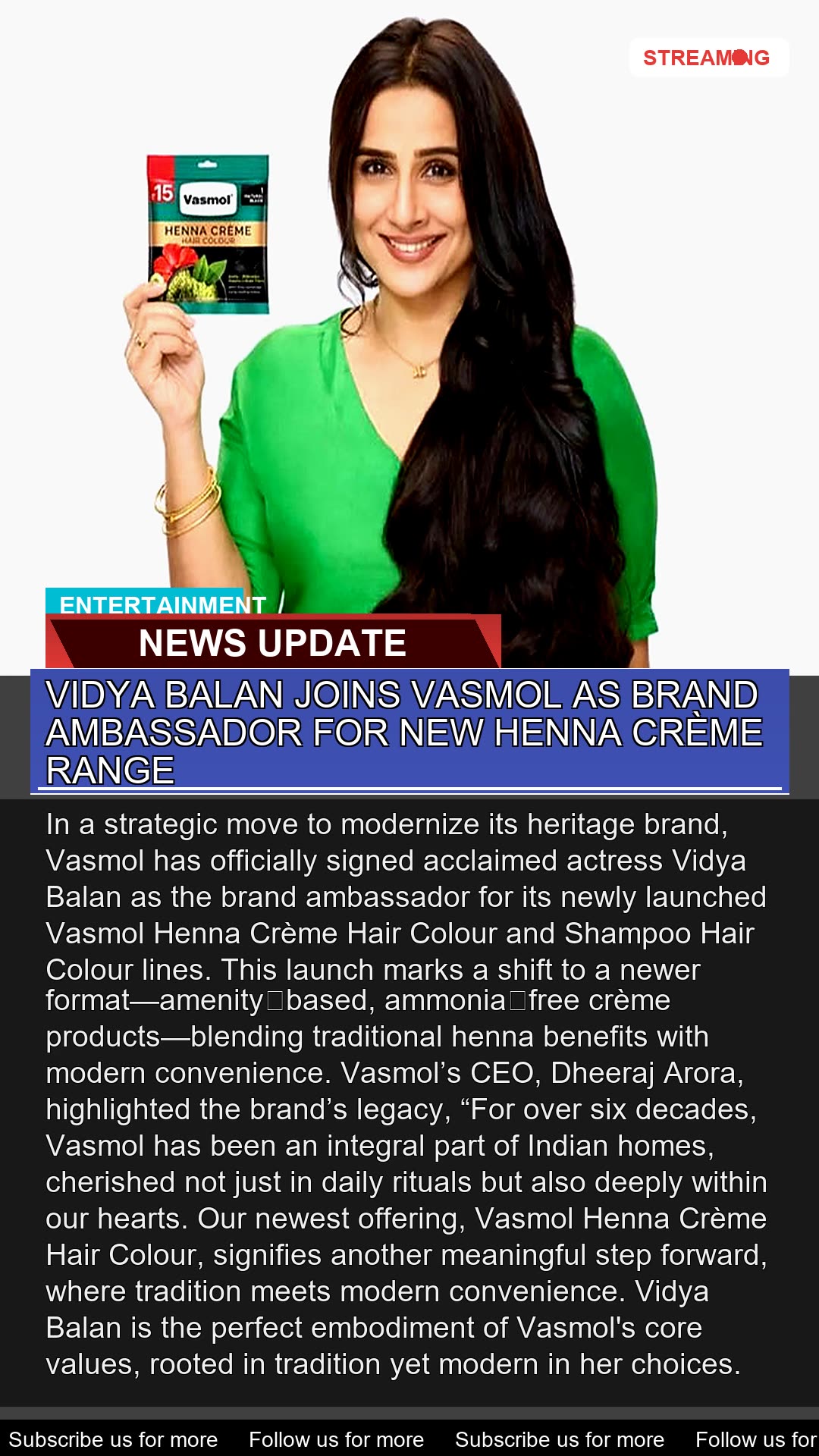 Vidya Balan Joins Vasmol as Brand Ambassador for N