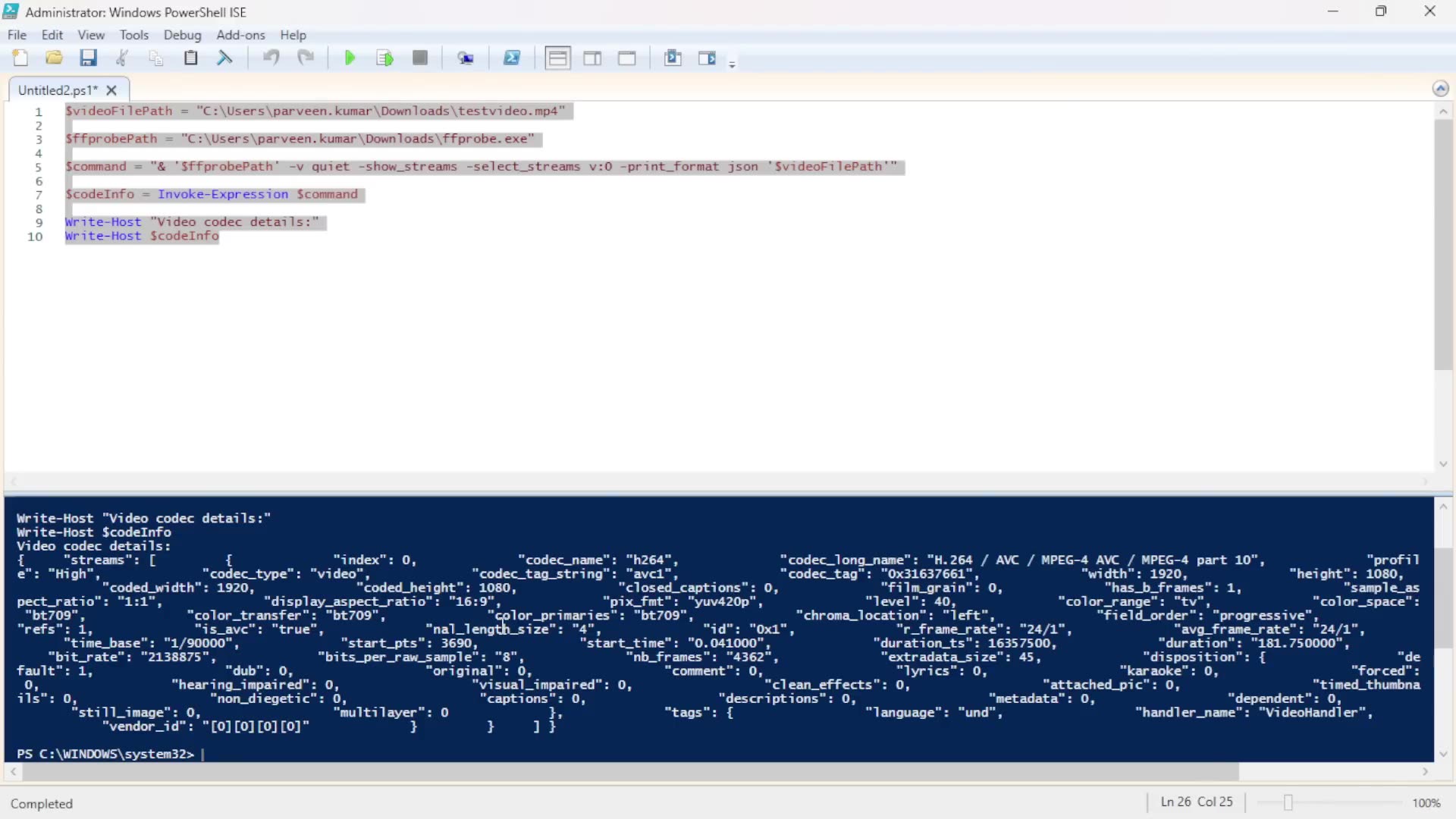Extract Video Codec Information Using PowerShell and FFprobe