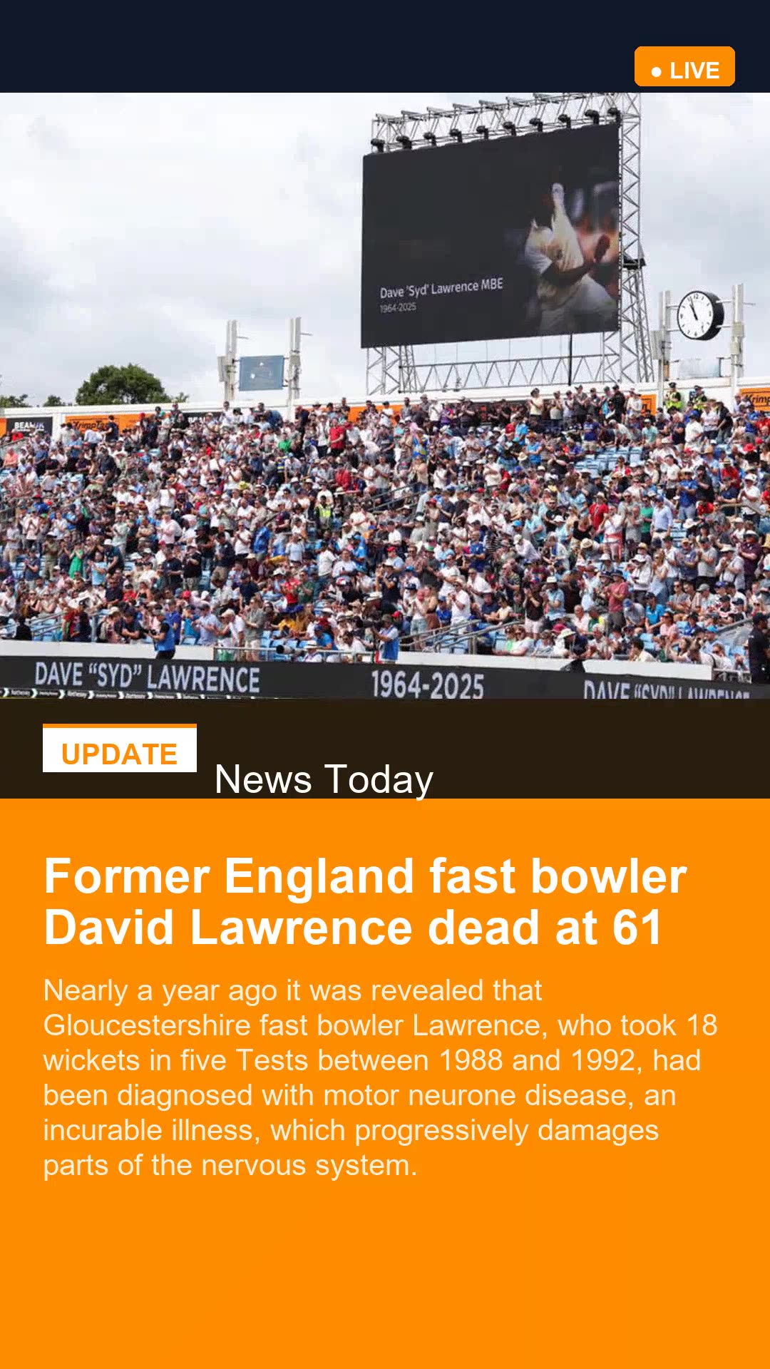 Former England fast bowler David Lawrence dead at 61
