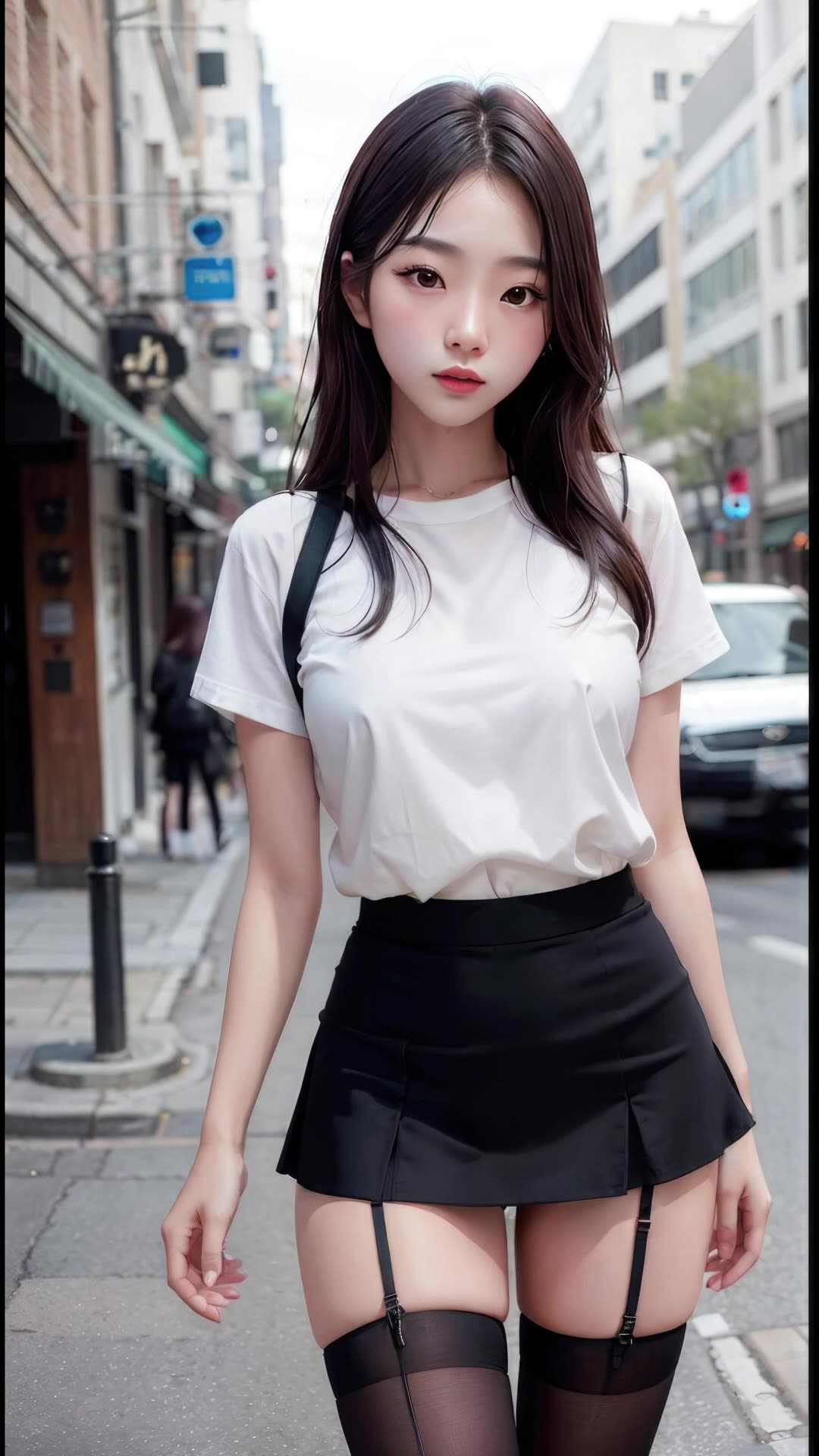 Korean girls in a mini skirt and stockings
