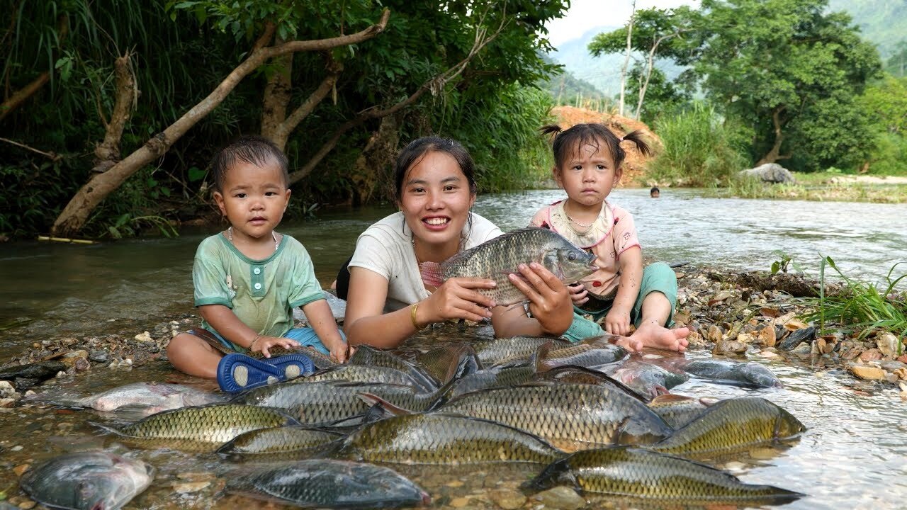 Single Mom & Son Catch Giant Fish After Rain | Harvesting to Market ...