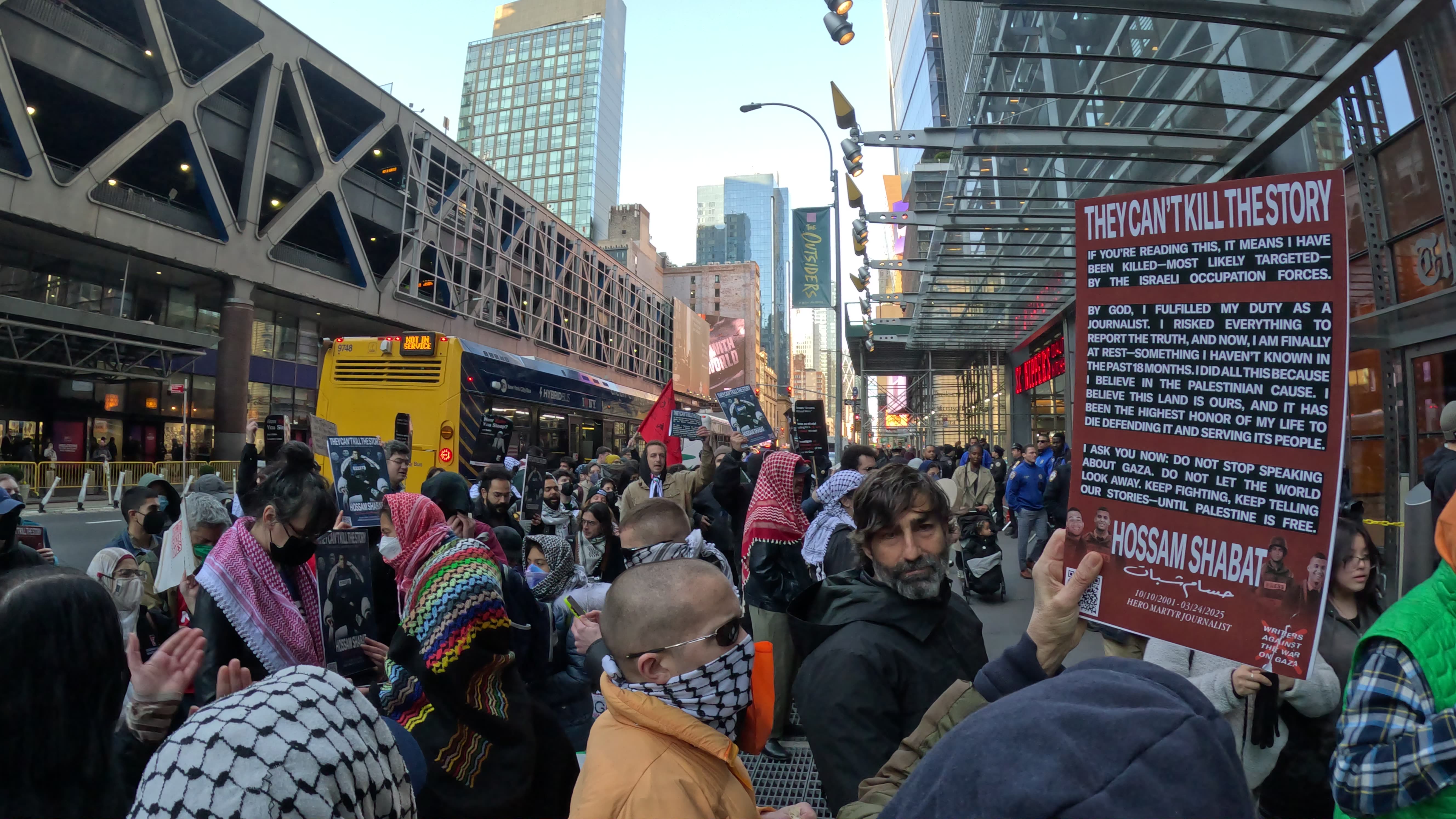 "RALLY IN HONOR OF HOSSAM SHABAT" in front of The New York Times.