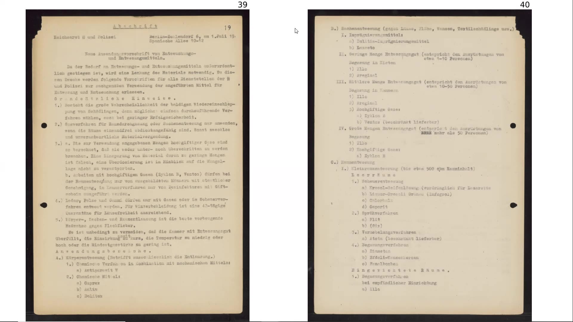 1944 German Memo Regarding the Safety and Proper Use of Zyklon B - German
