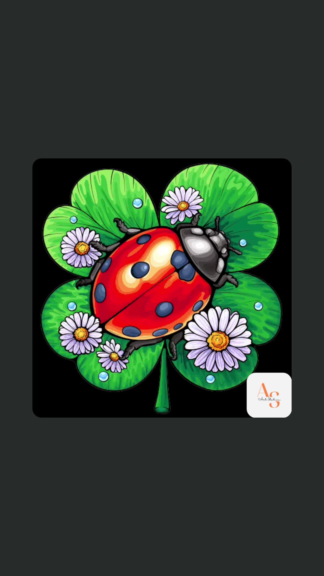 Detailed Illustration of a Ladybug on a Clover Leaf with Flowers