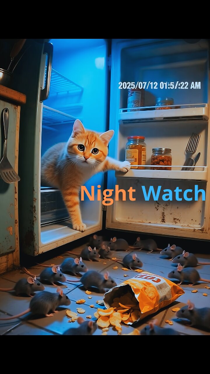 A cute kitten and a sneaky mouse steal a snack 🐱🐭🍿