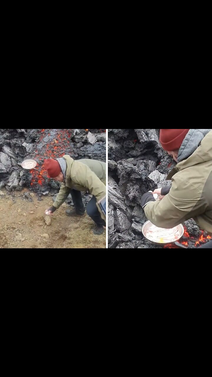 Cooking bacon and eggs on an erupting volcano