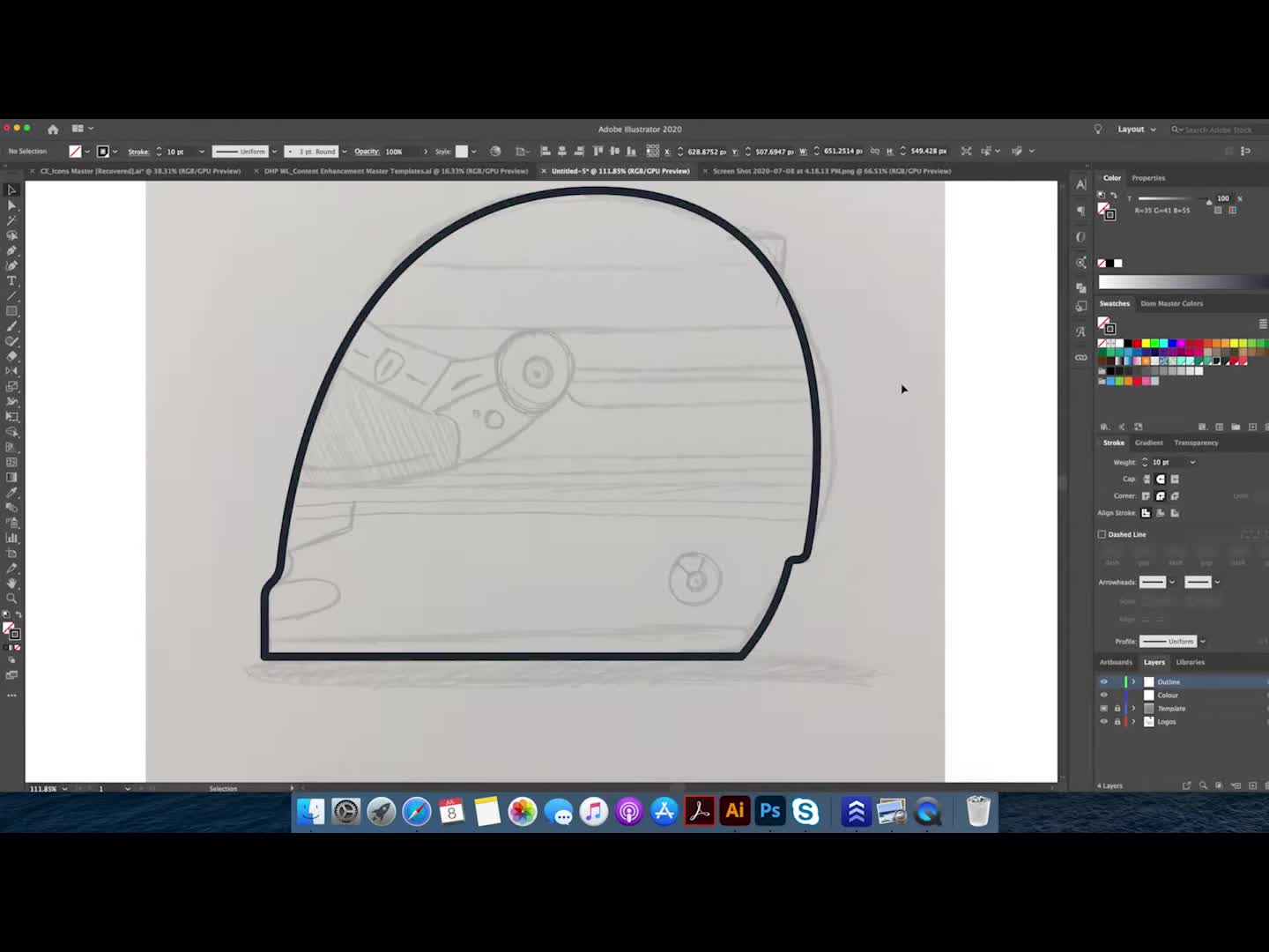 Illustrator drawing how to draw an F1 racing helmet part 1.