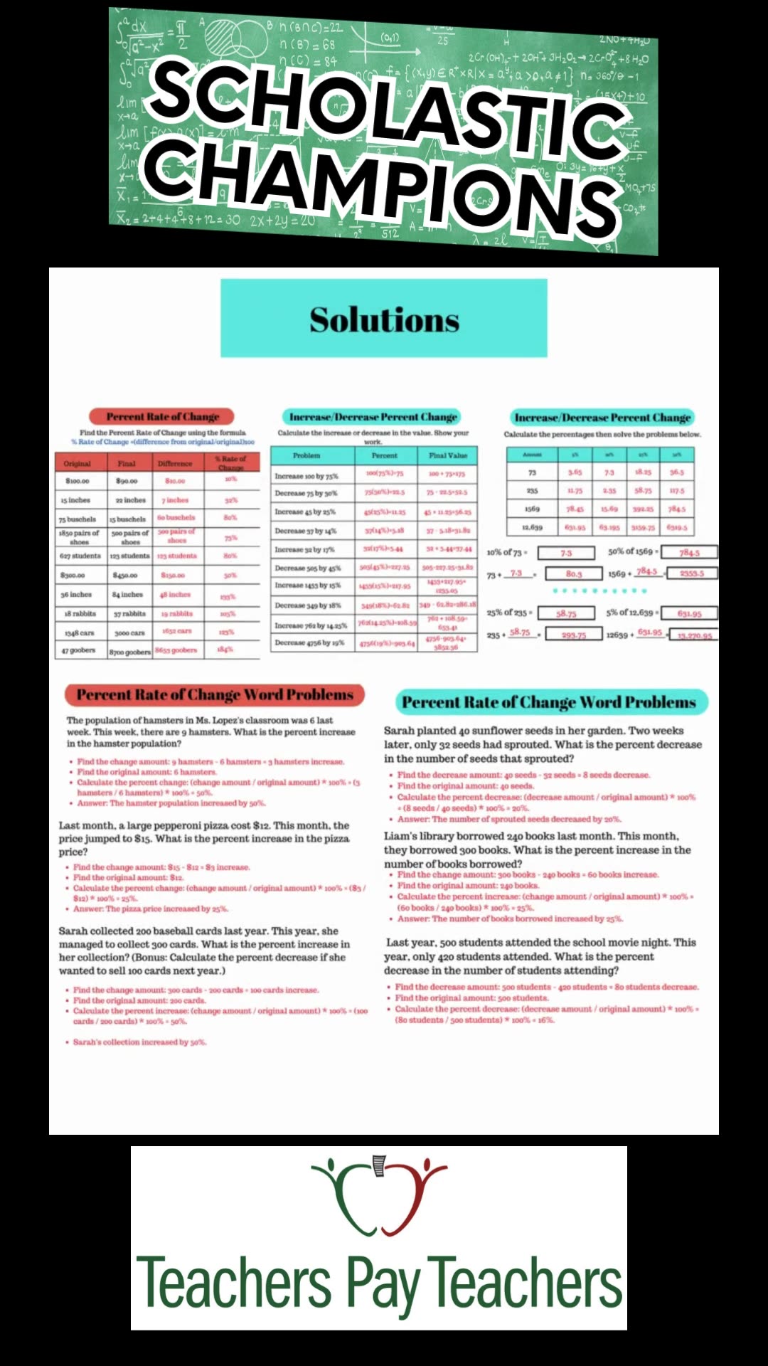 PERCENT RATES OF CHANGE - Middle School Math Financial Literacy Worksheets