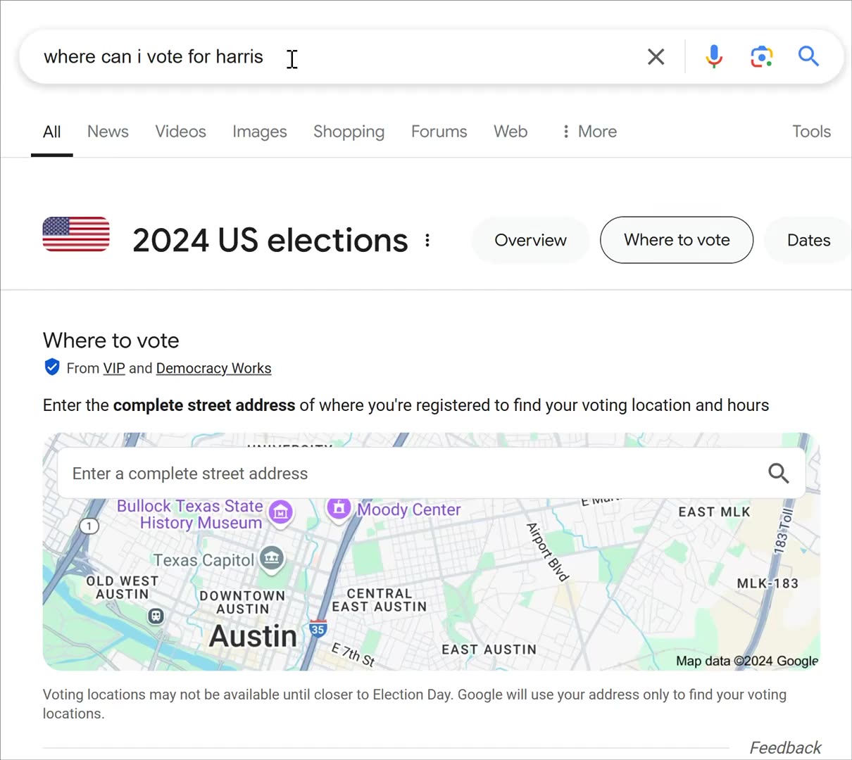 Google shows a ‘Where to Vote’ section with a map for Kamala Harris ...