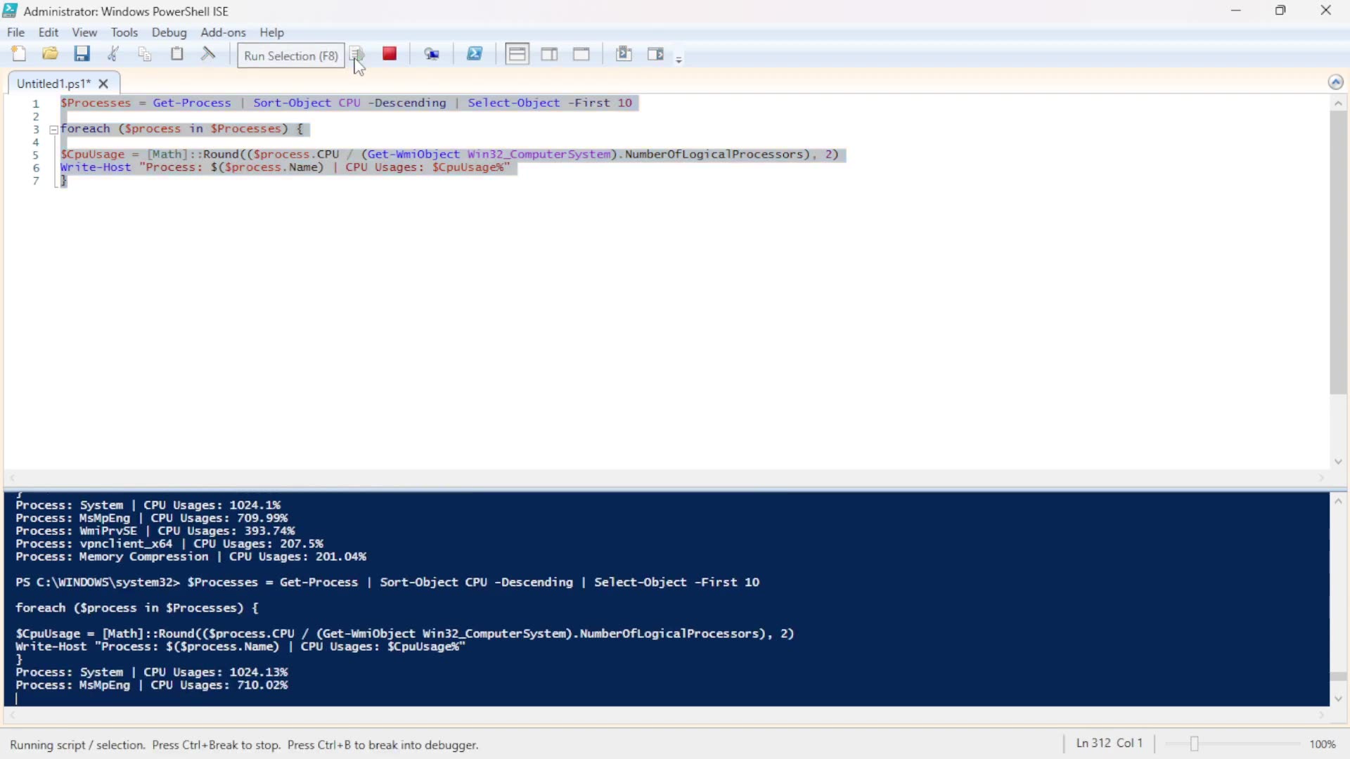 PowerShell Script Display Top 5 CPU Intensive Processes