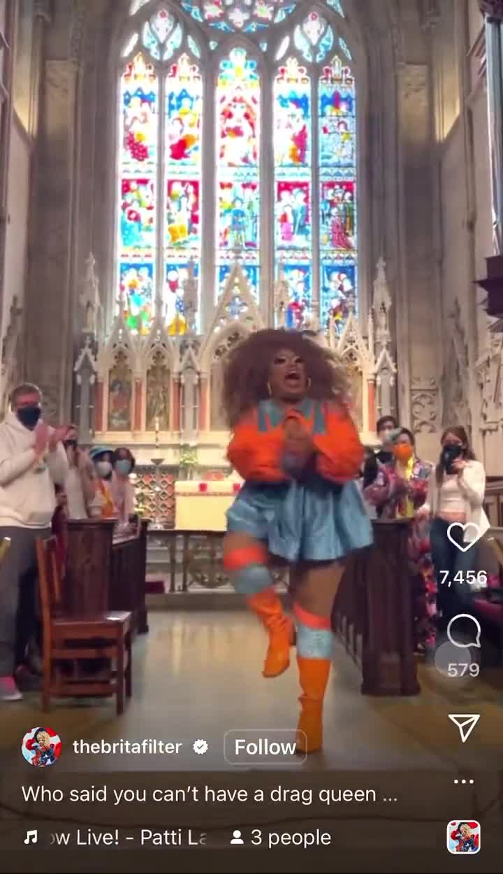 Drag queen Brita Filter performing in a church as part of a Pride ...