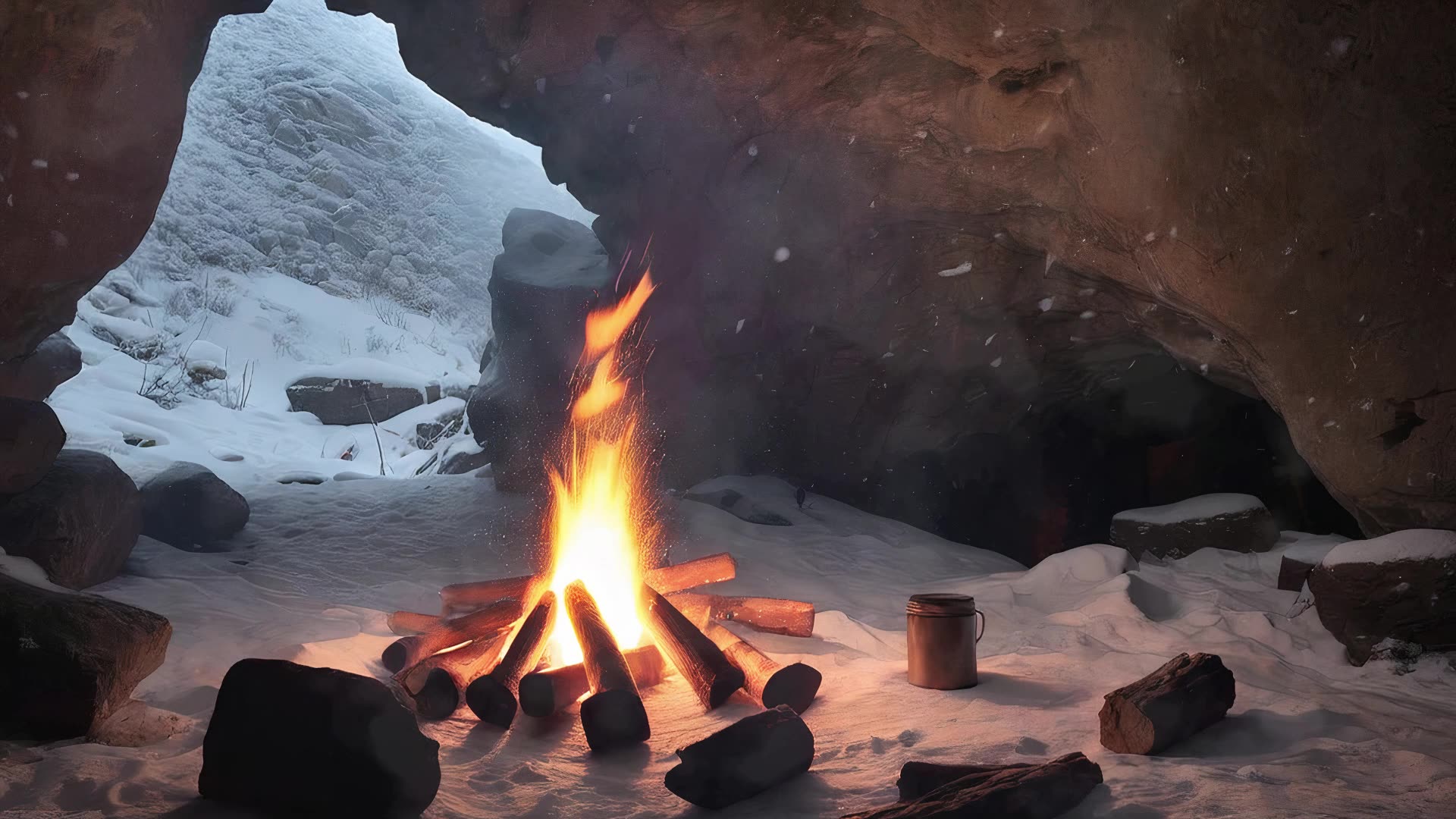 Frezzing Blizzard Sounds- Warm Cave Ambience- Sleeping Crackling Fire ...