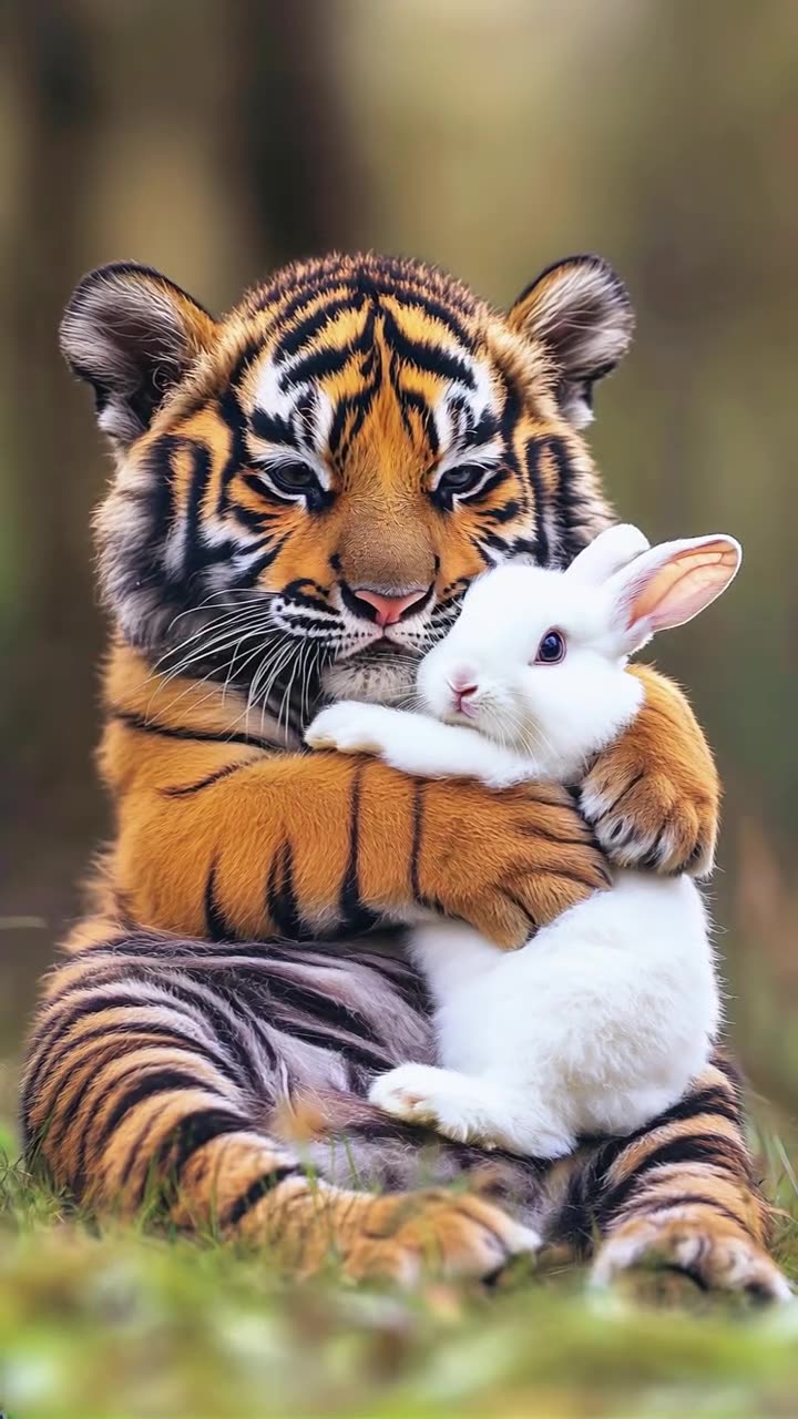 love between tiger cub and rabbit