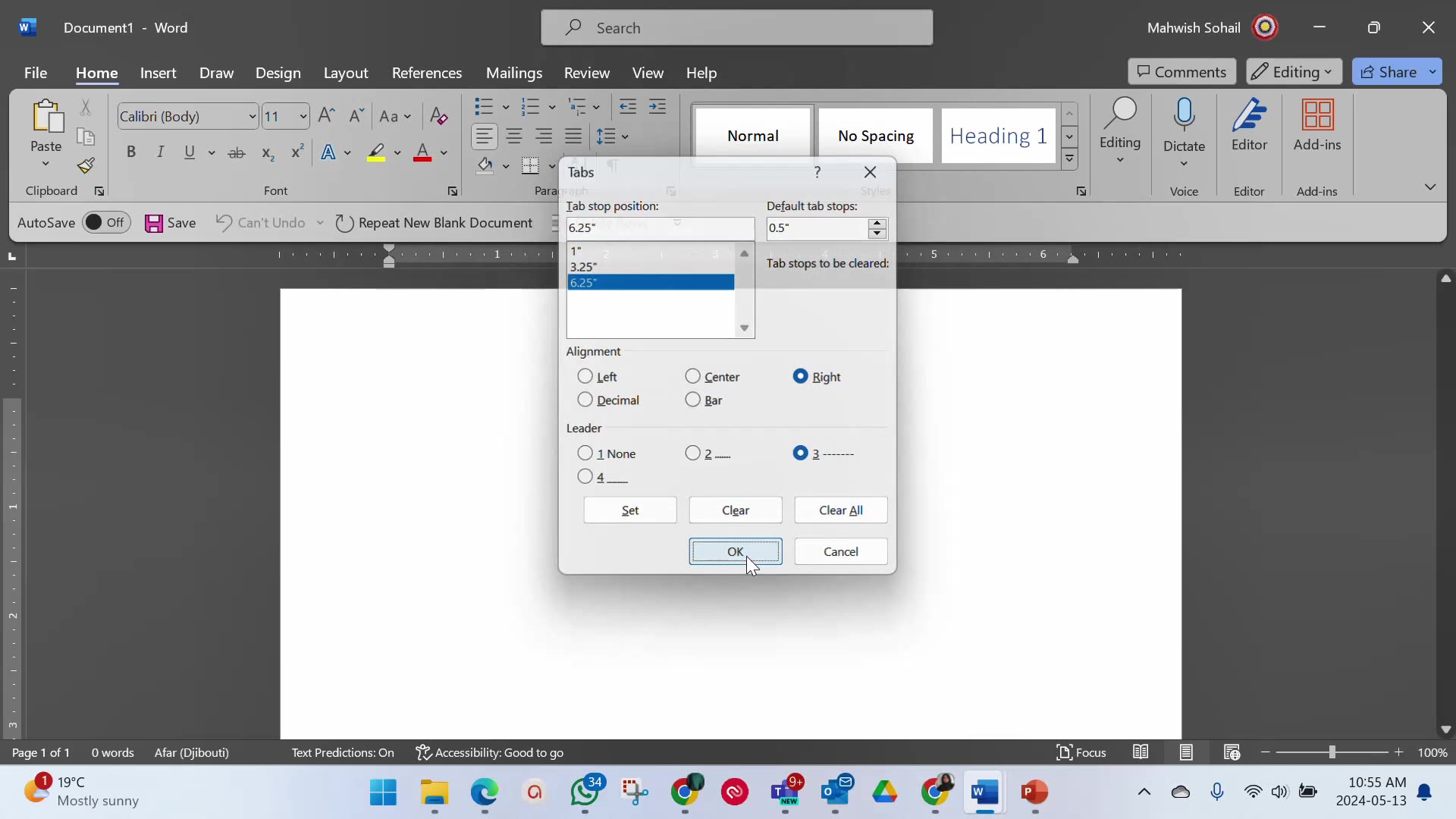 How to use Tabs in MS word