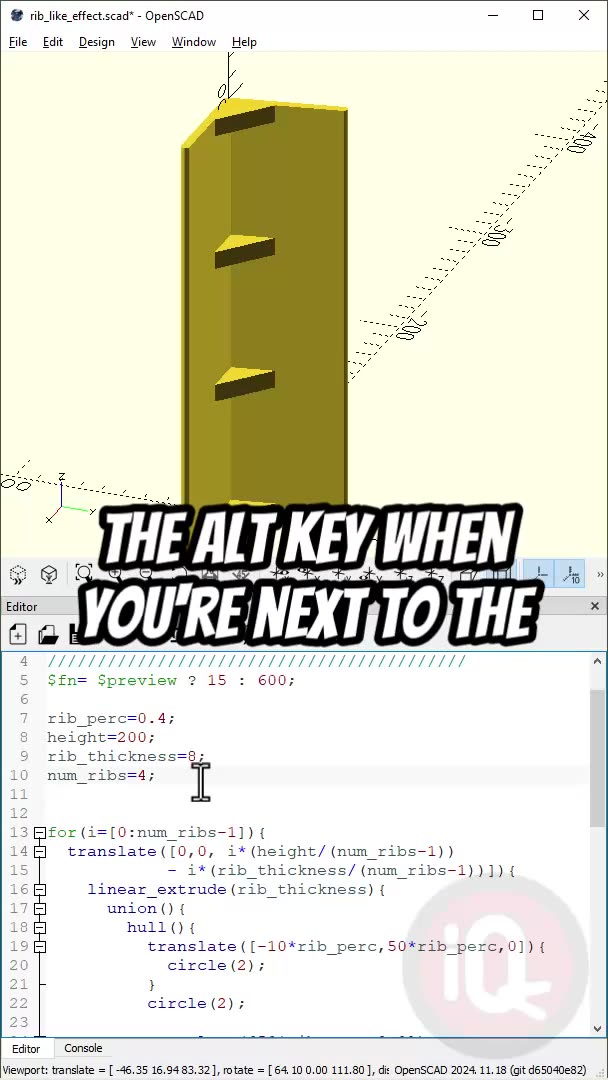 openScad: use hulls to get a rib like effect