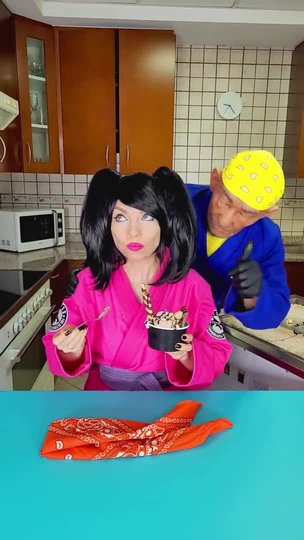 Ice cream challenge with tropical fruits and mixed food