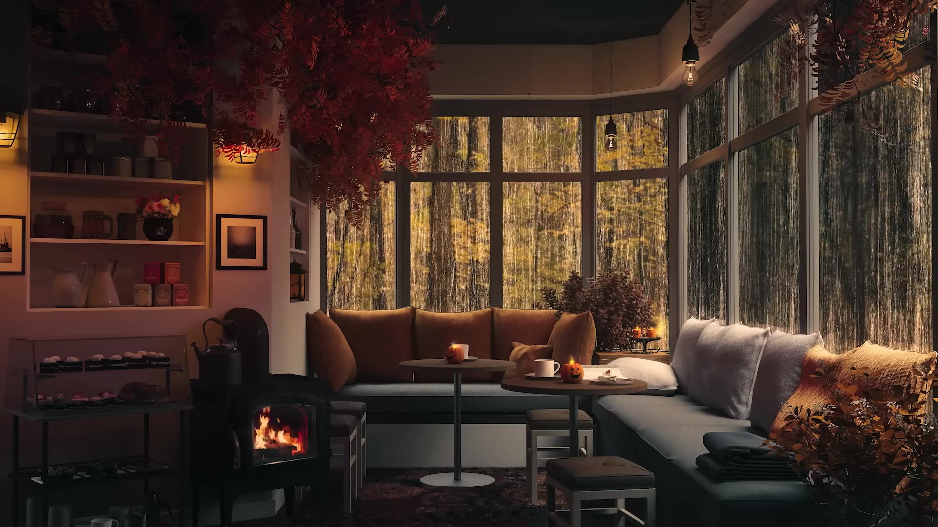 Cozy 4K Autumn Jazz Cafe ASMR Rainy Coffee Shop Lounge Instrumental ...
